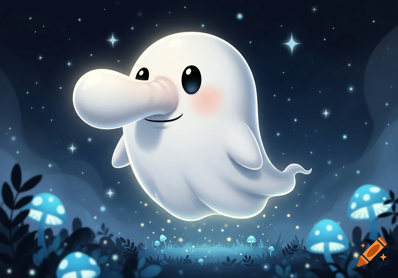 A glowing white cartoon ghost with a prominent nose and rosy cheeks ...