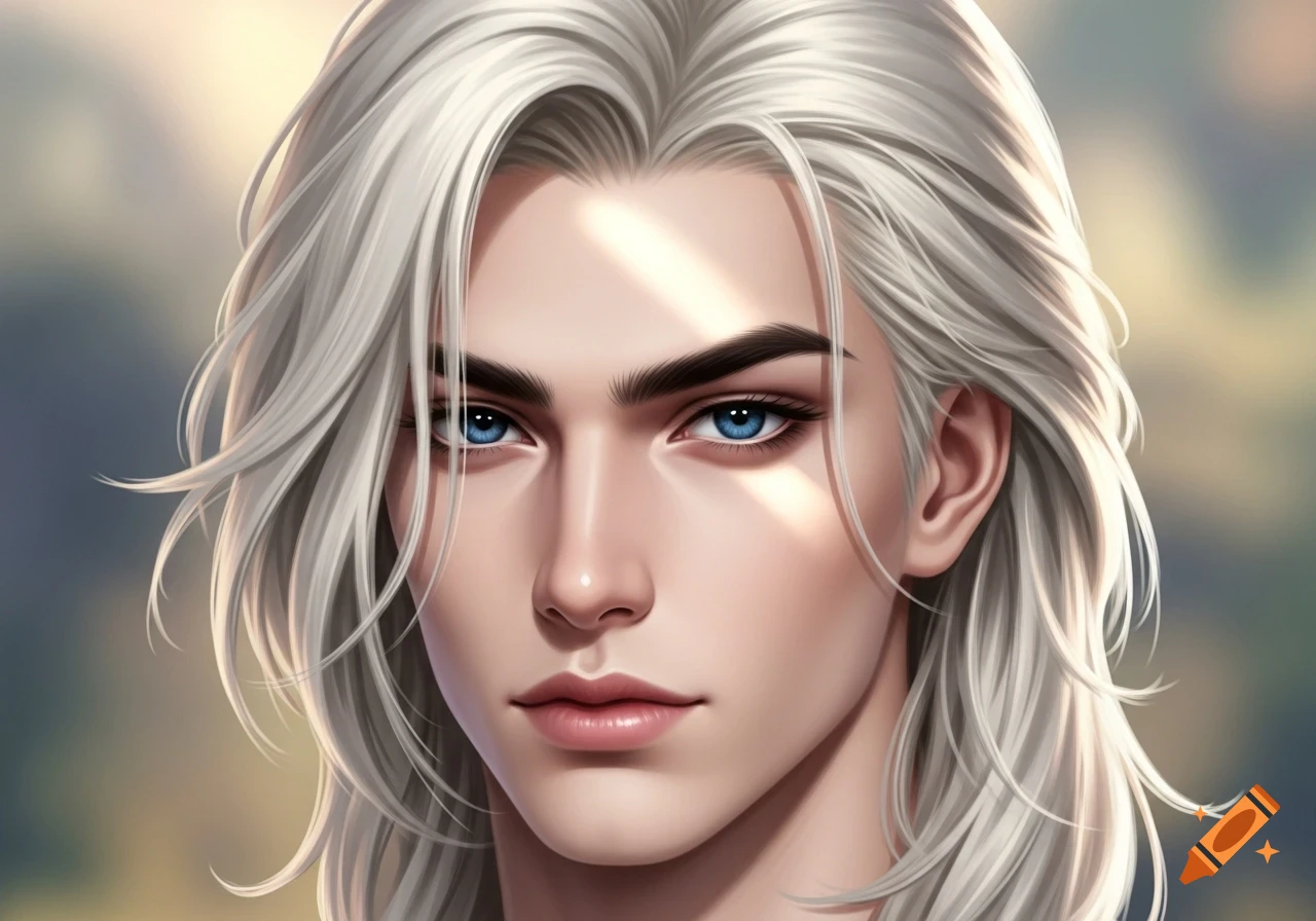 Digital art portrait of a young man with long silver hair, piercing ...