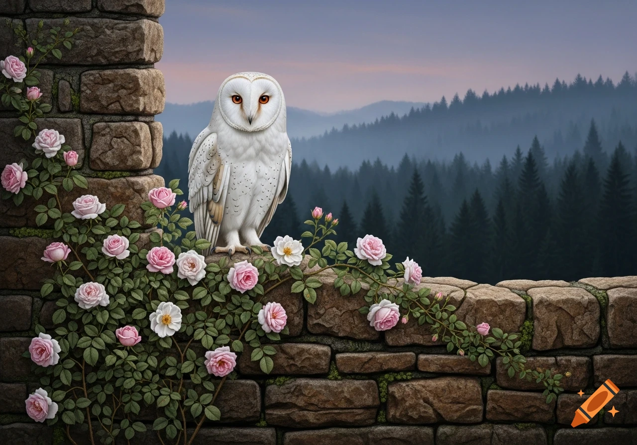 A white barn owl with orange eyes sits on an old stone wall adorned ...