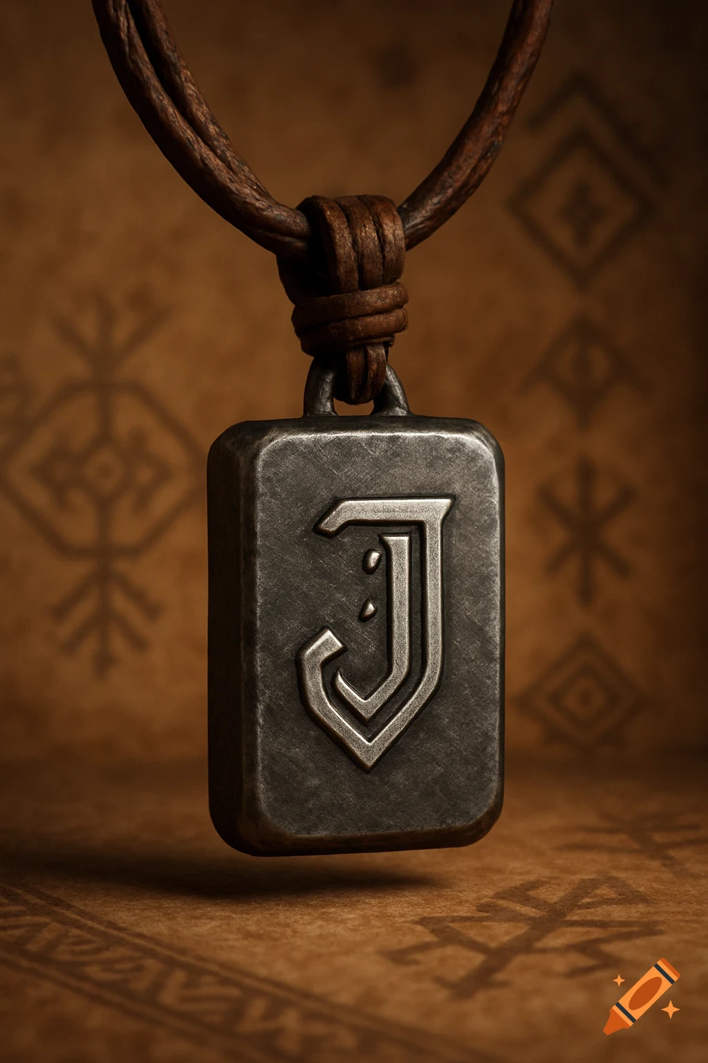 A detailed shot of an iron pendant on a brown leather necklace ...
