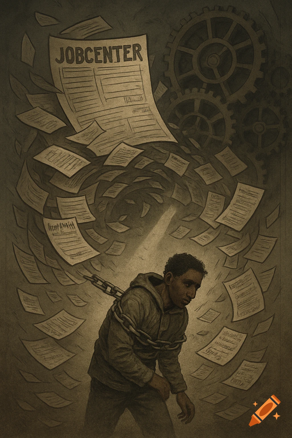 Somber illustration of a man chained, burdened by swirling 'JOBCENTER ...