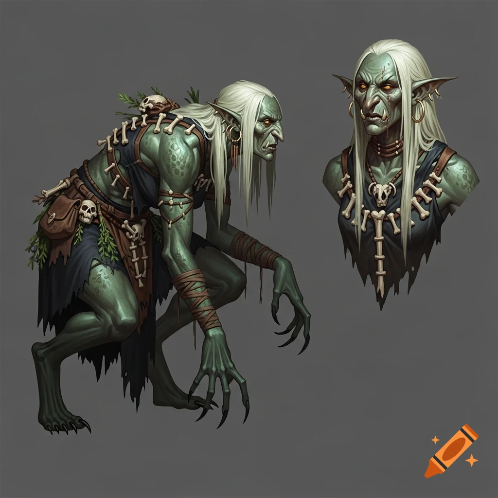 A semi-realistic medieval fantasy illustration of a green-skinned swamp ...