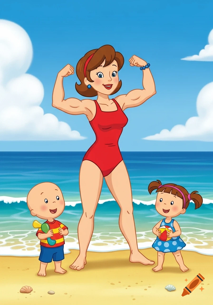 A cartoon mother in a red swimsuit flexes her muscles at the beach ...