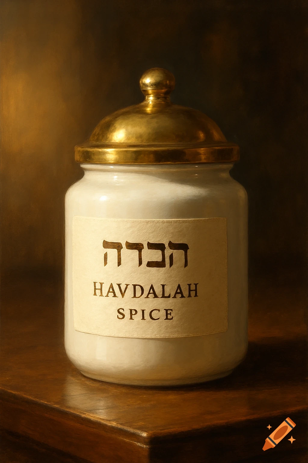 An elegant white ceramic jar with a domed gold lid and a cream label ...