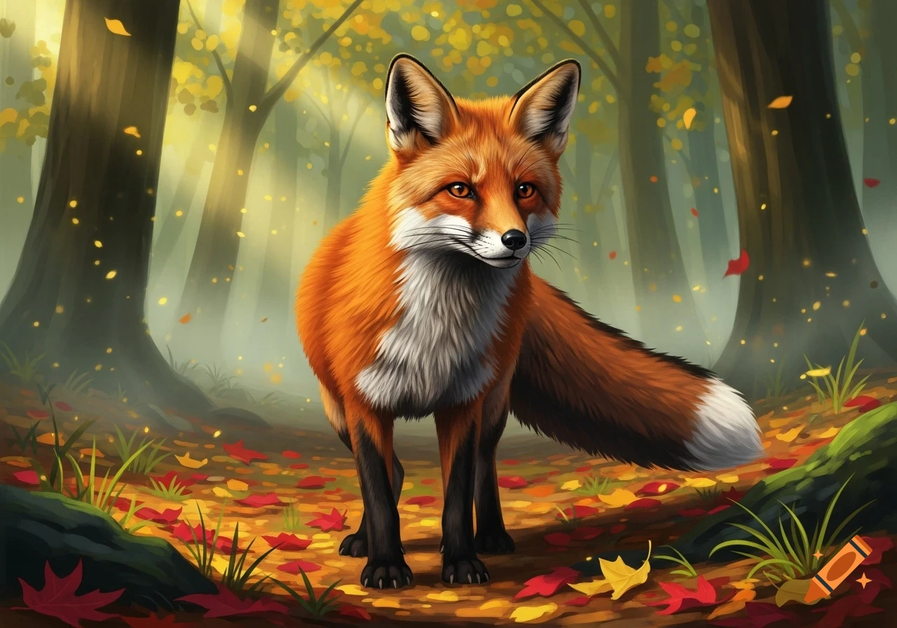 A vibrant red fox stands in an autumn forest filled with colorful ...