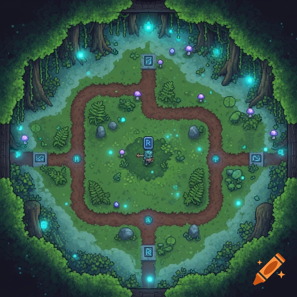 Top-down pixel art map of an enchanted forest with winding paths ...