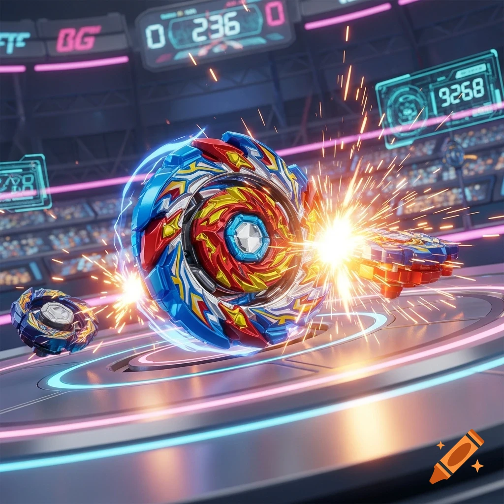 Three vibrant Beyblade tops battling in a futuristic arena, with sparks ...