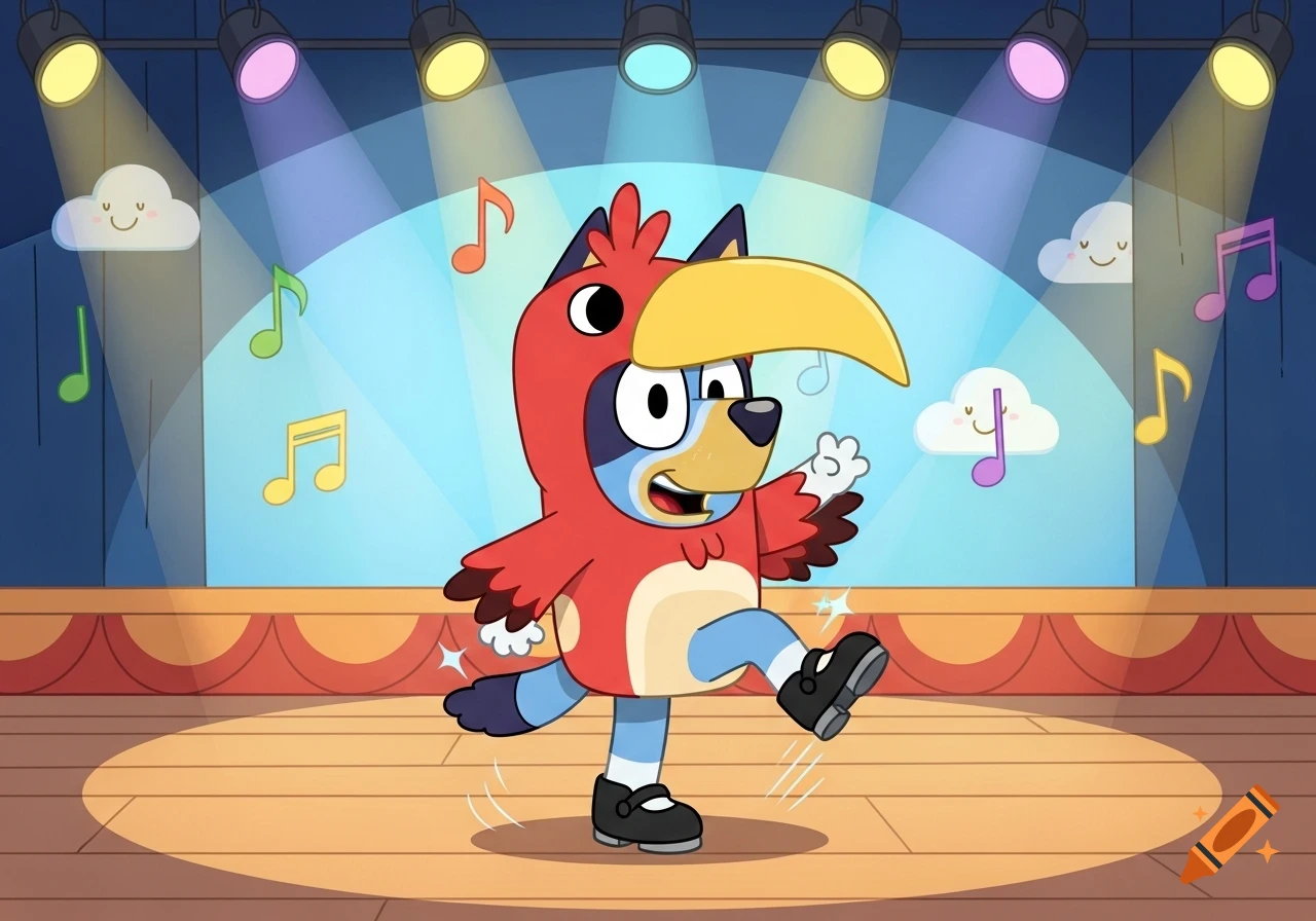 2D cartoon of Bluey Heeler tap dancing on a stage in a red bird costume ...