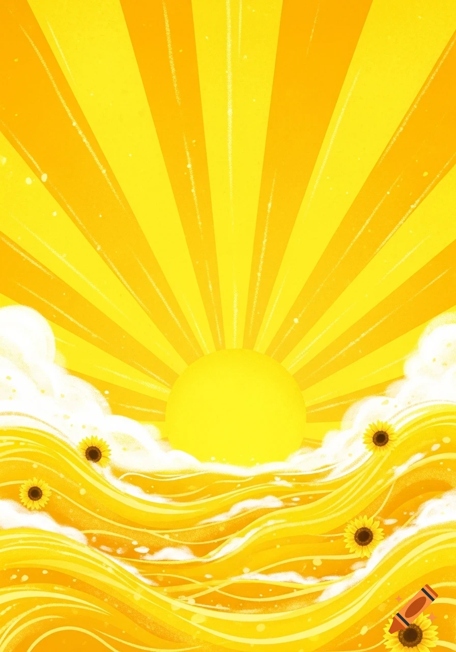 Vibrant yellow illustration of a rising sun with rays over stylized ...