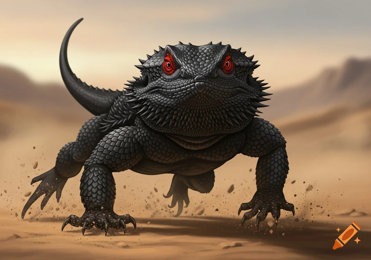 A black, spiky bearded dragon with glowing red eyes runs forward in a ...