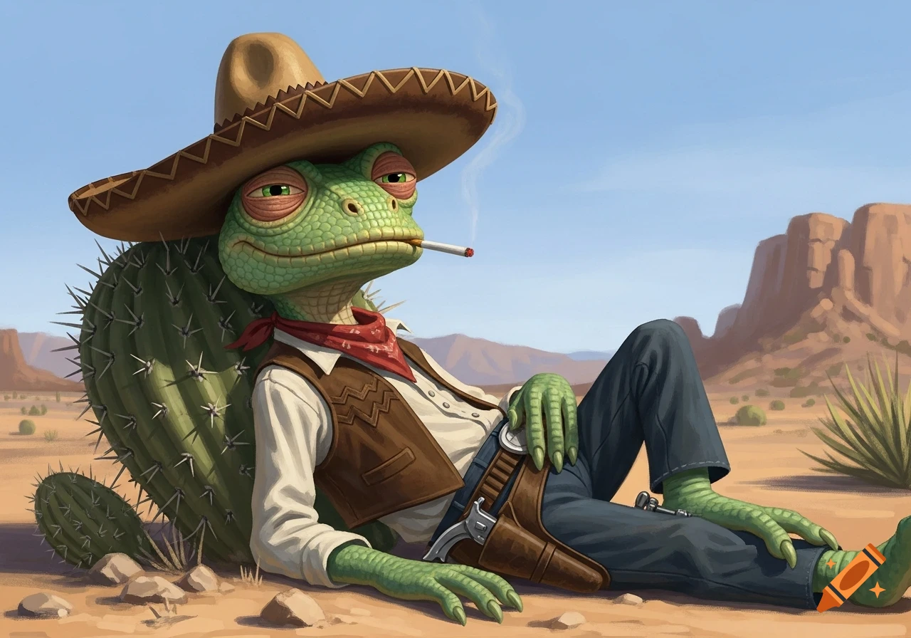 A stylized green chameleon, Rango, wearing a sombrero and western garb ...