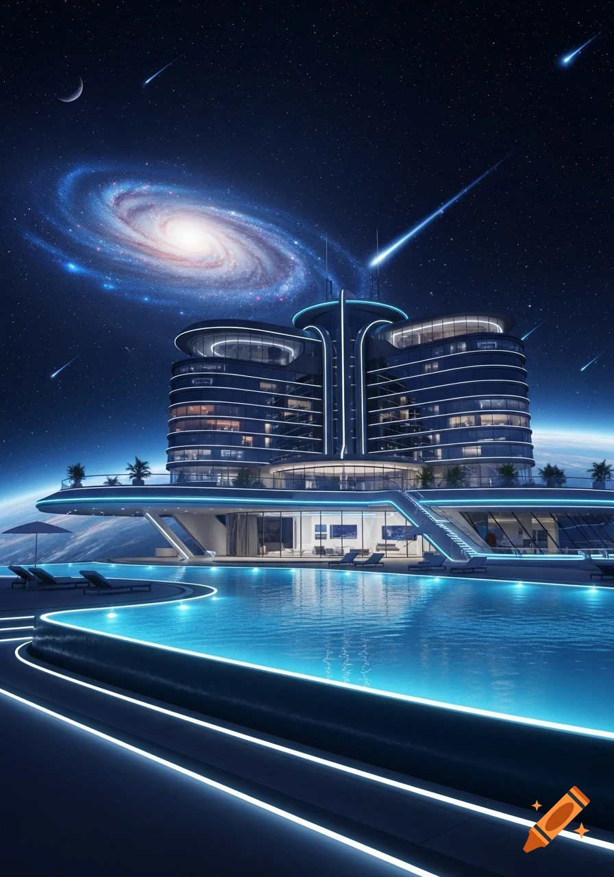 A futuristic hotel with an illuminated infinity pool under a night sky ...