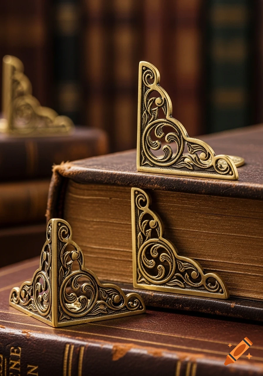 Ornate gold metal book corners with filigree designs resting on vintage ...