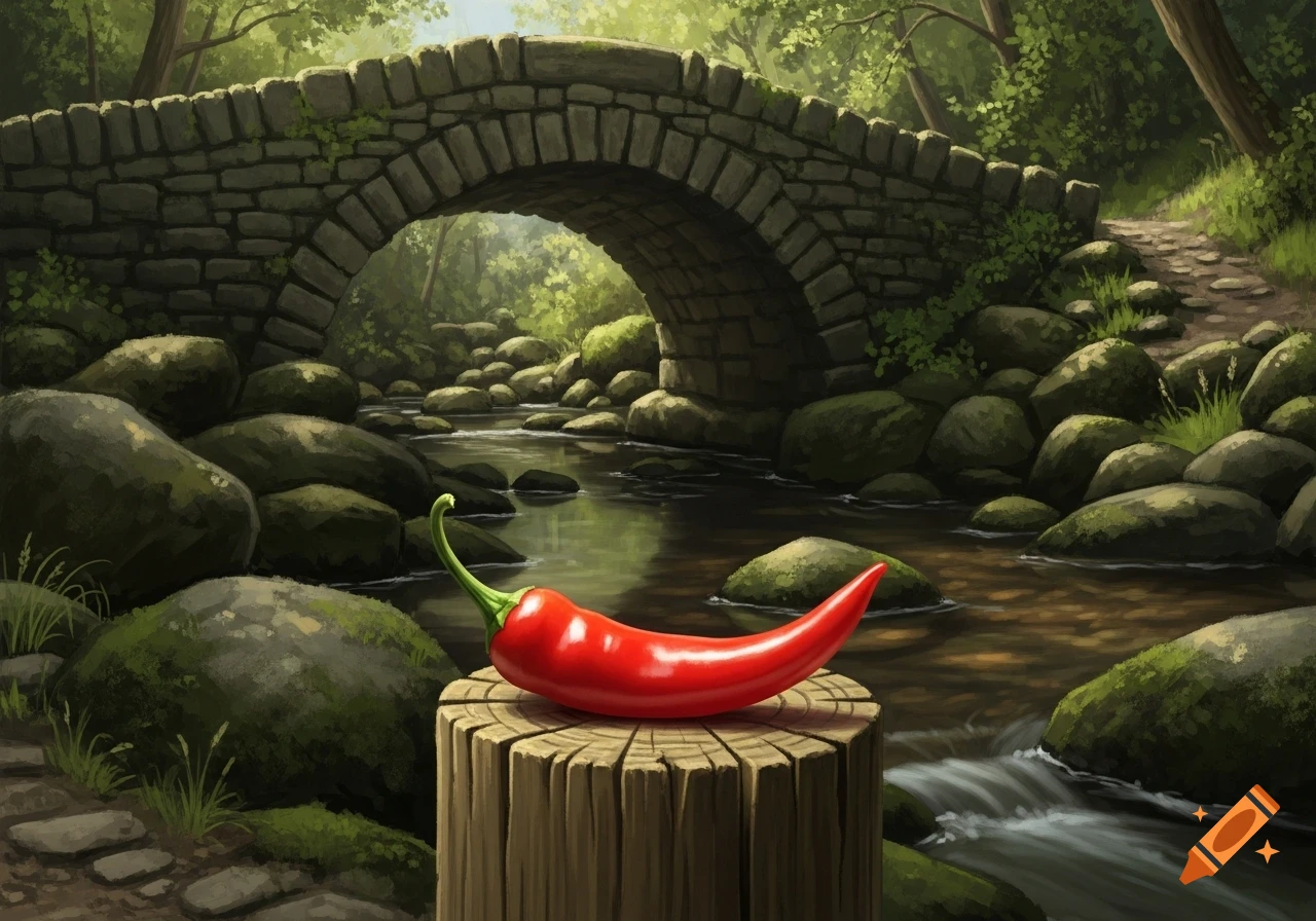 A vibrant red chili pepper rests on a wooden stump by a flowing stream ...