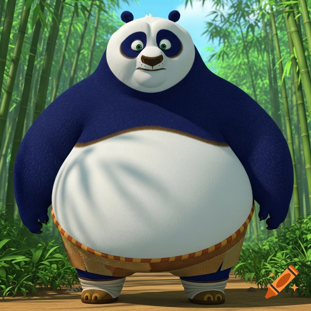 A giant, dark blue, inflated Po from Kung Fu Panda stands nervously in ...