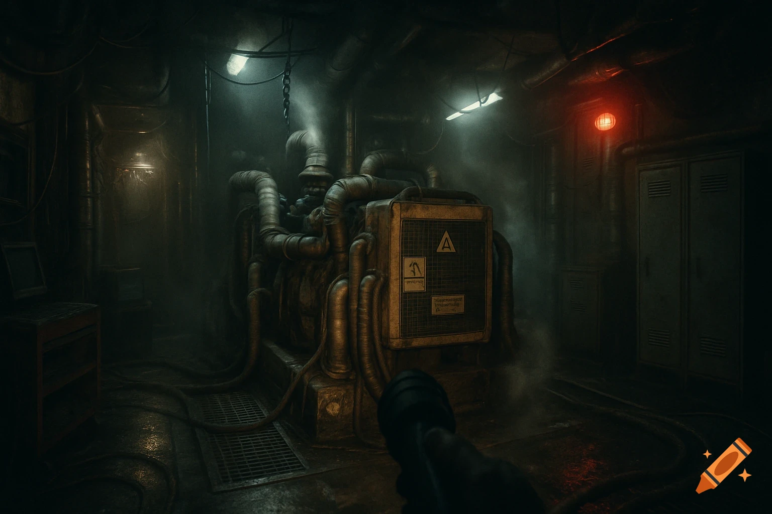 A first-person view of a dark, cramped industrial generator room in a ...