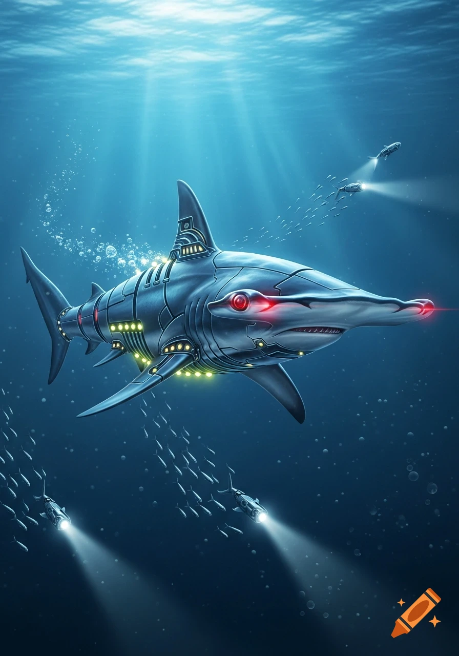 A futuristic cyborg hammerhead shark with red eyes and glowing circuits ...