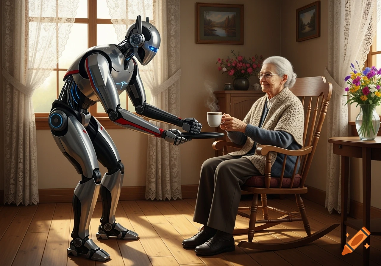 A Tesla Optimus robot serves coffee to an elderly woman sitting in a ...