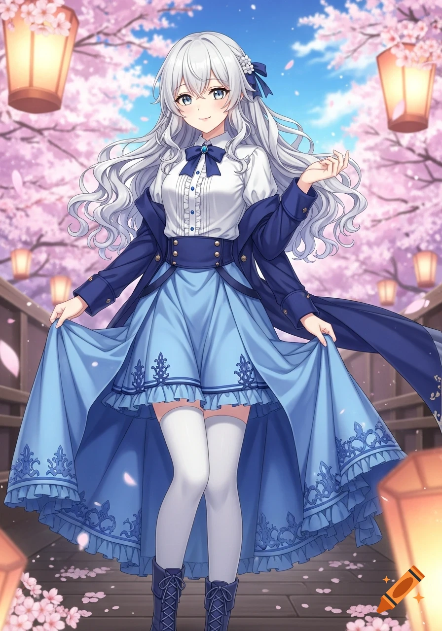 Anime young woman with long white hair, blue eyes, smiling and holding ...