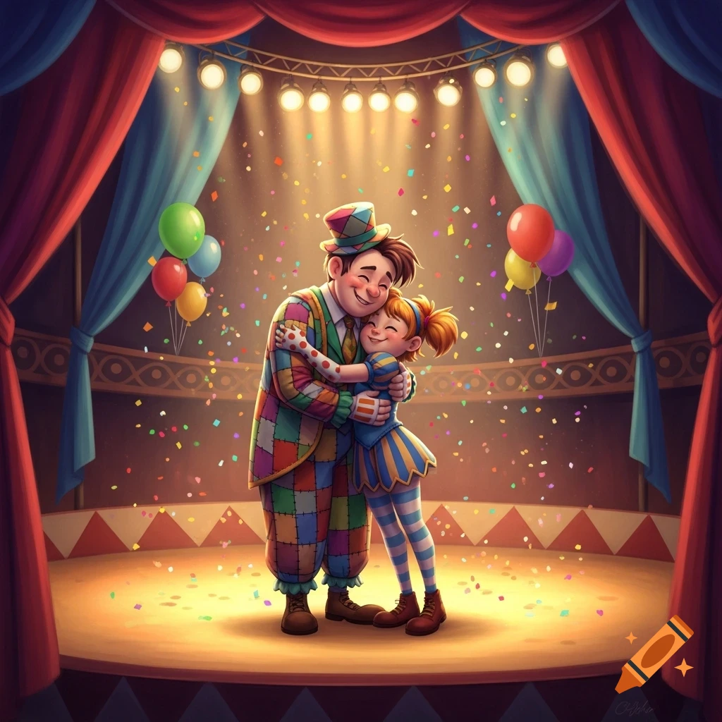A colorful cartoon clown-like man and a girl in striped clothes hug on ...