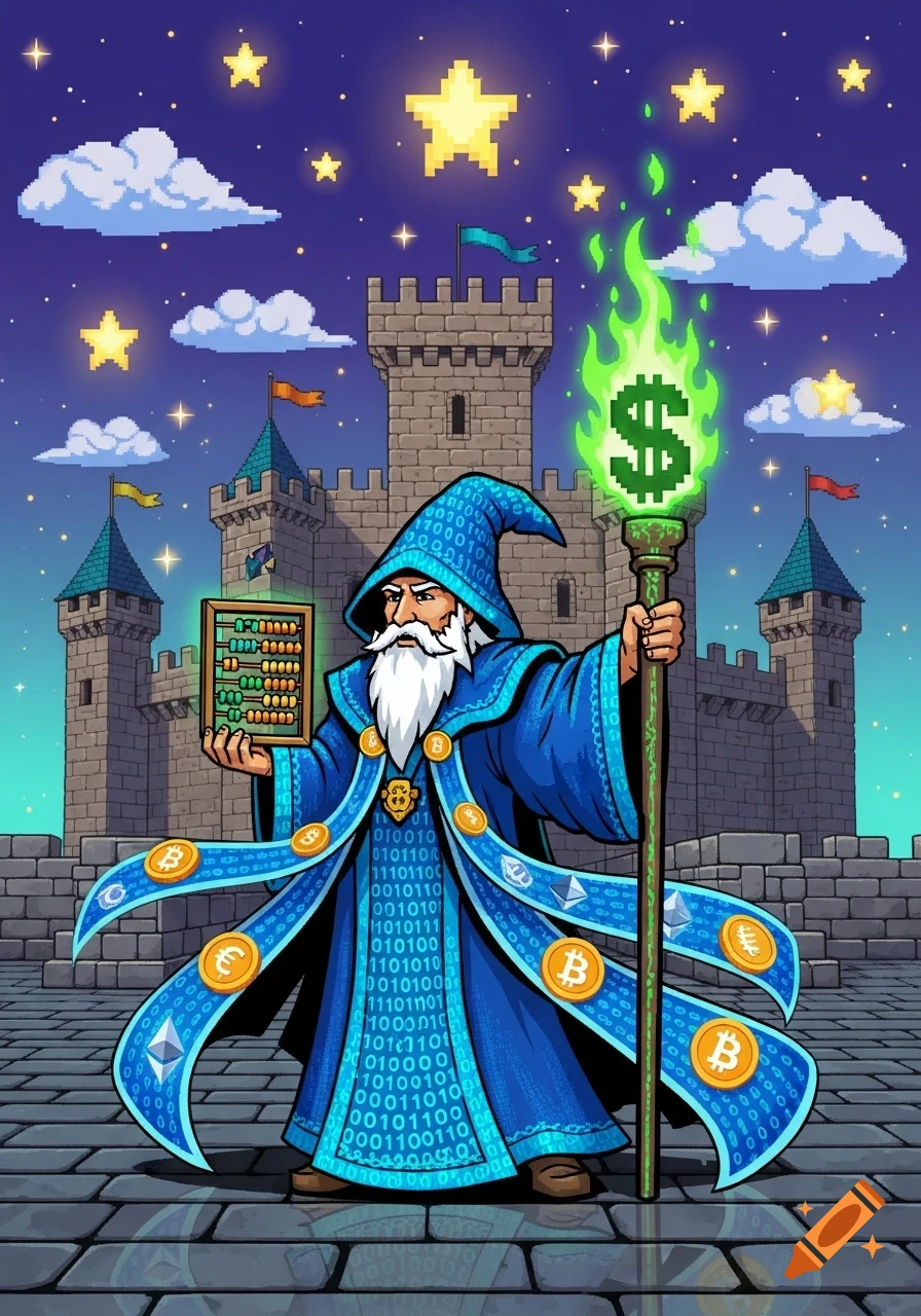A pixel art wizard in blue robes, adorned with binary code and crypto ...