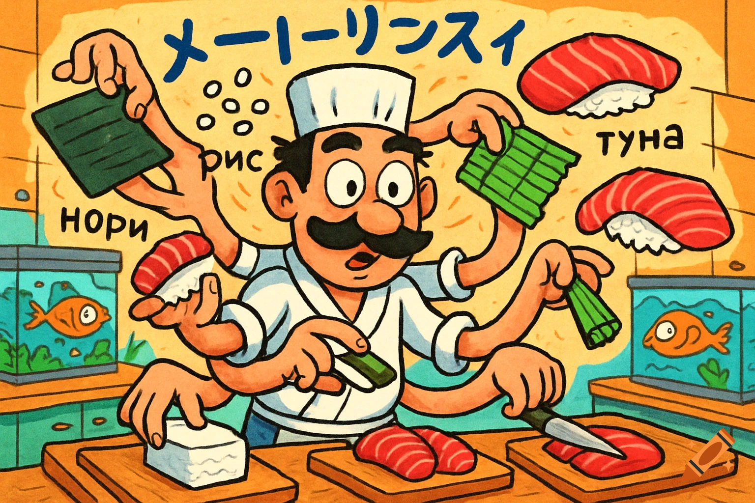 A multi-armed cartoon sushi chef prepares sushi ingredients including ...