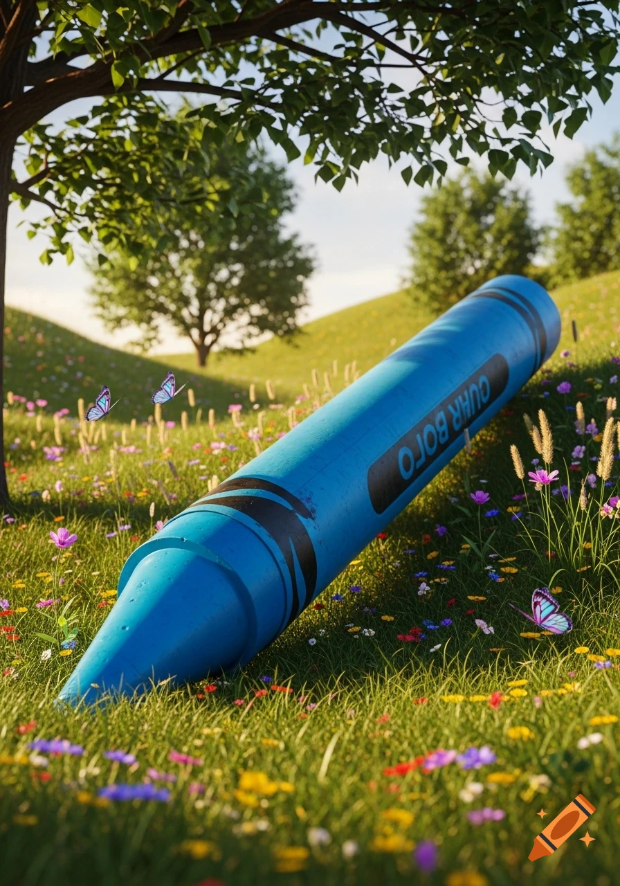 A giant blue crayon rests diagonally in a sunny green field filled with ...