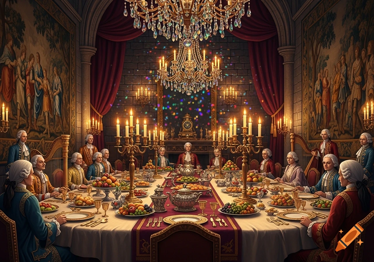 Opulent historical dinner party with figures in 18th-century attire at ...