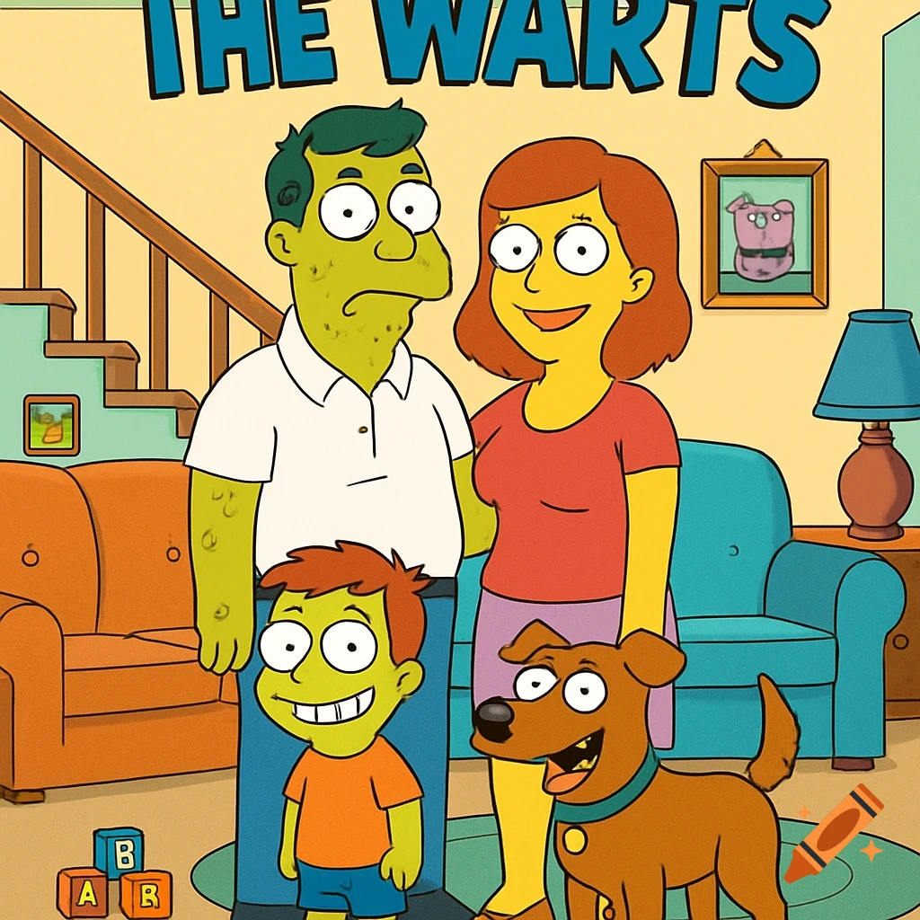 A cartoon family in a living room. A green-skinned father with warts, a ...
