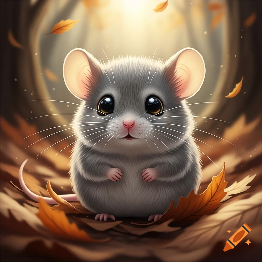 Fluffy gray mouse with big black eyes sitting on autumn leaves in a ...