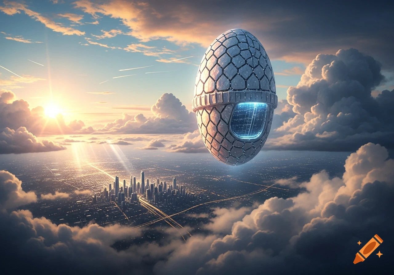 A futuristic egg-shaped spaceship hovers over a sprawling city at ...