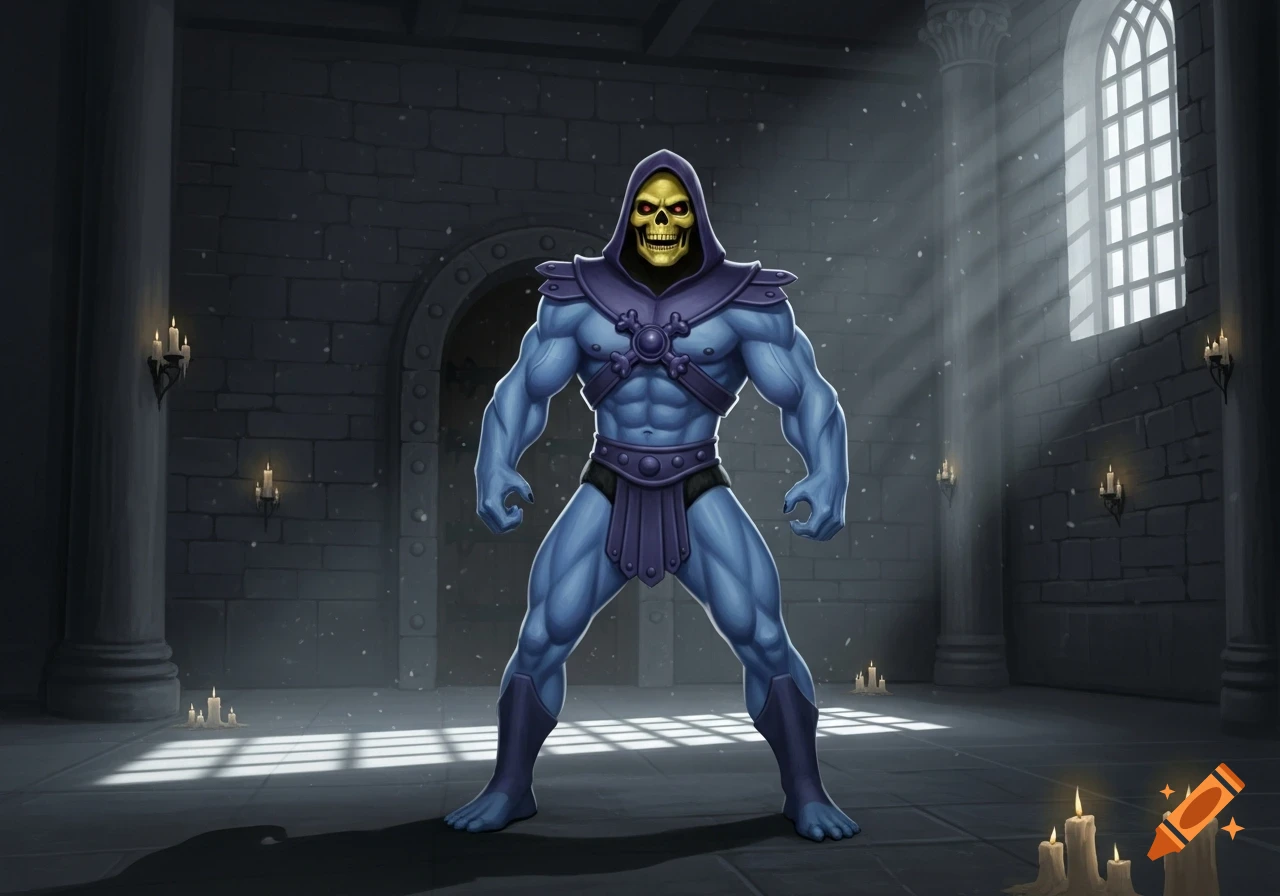 A blue-skinned Skeletor, with a yellow skull face and purple hood ...