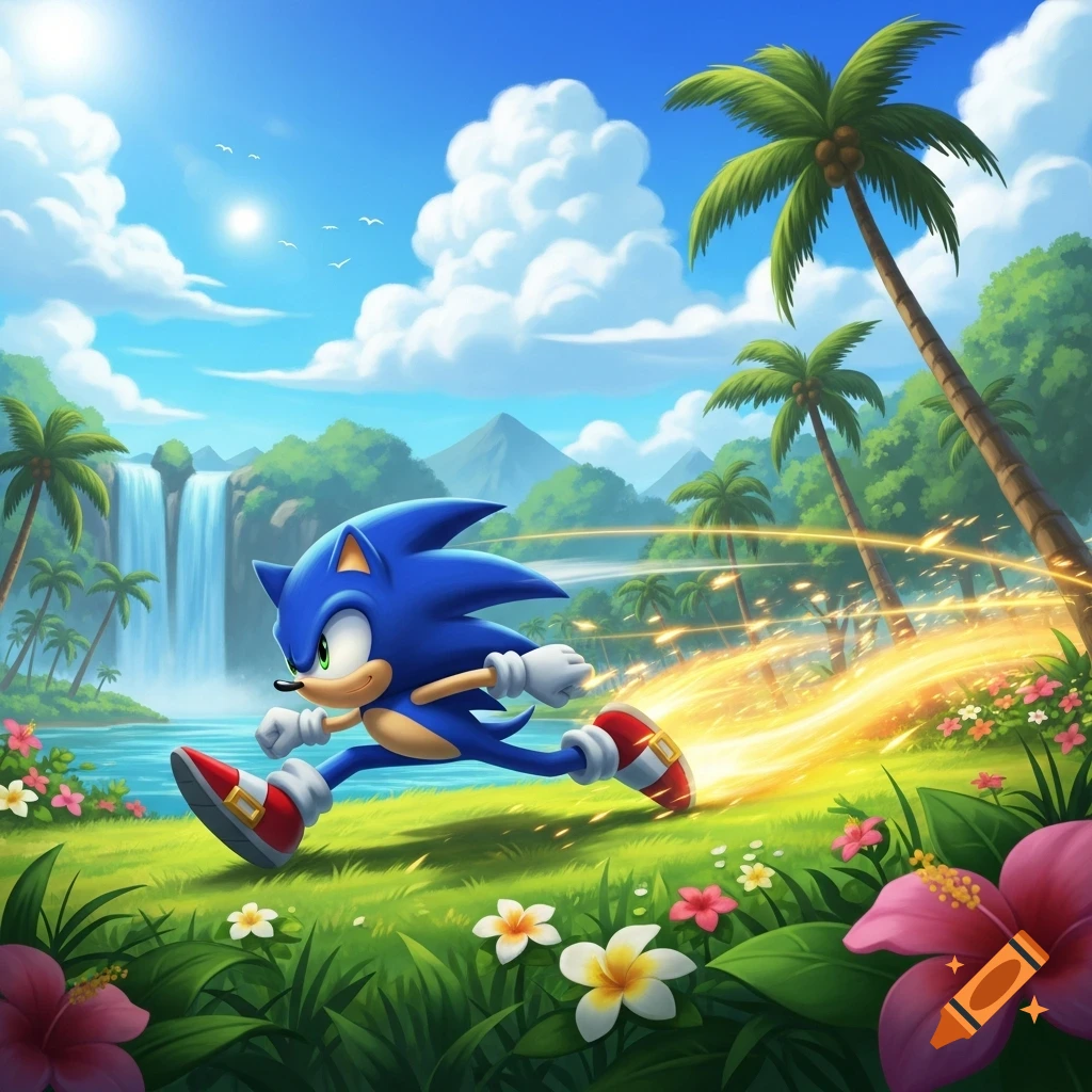 Sonic the Hedgehog runs through a vibrant tropical landscape with a ...