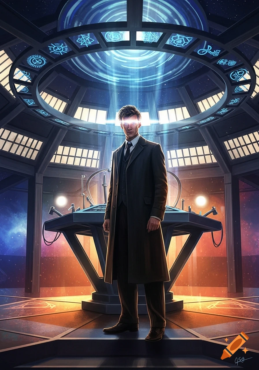 A man resembling the Doctor stands in a futuristic console room with ...
