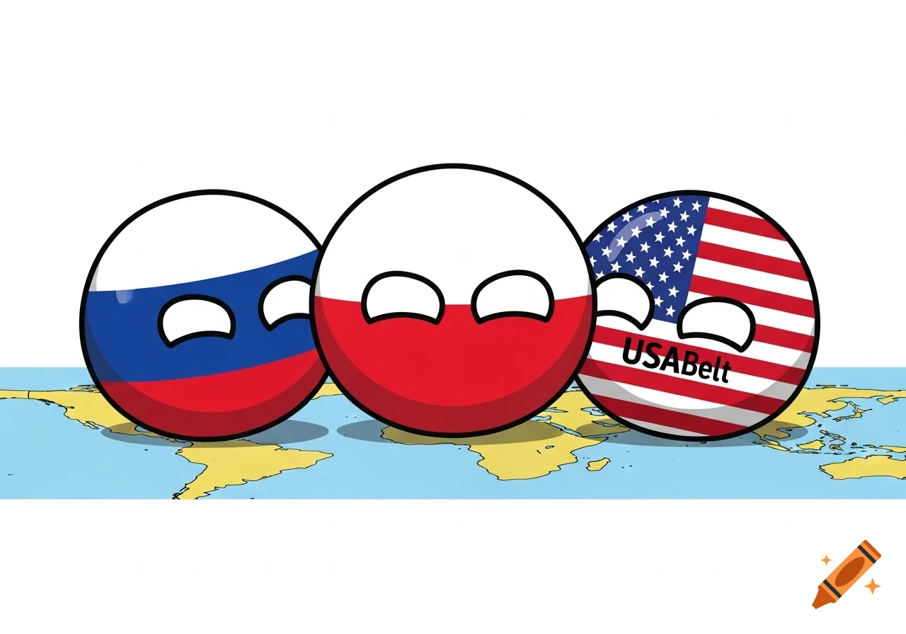 Cartoon countryballs of Russia, Poland, and USA on a world map. on Craiyon