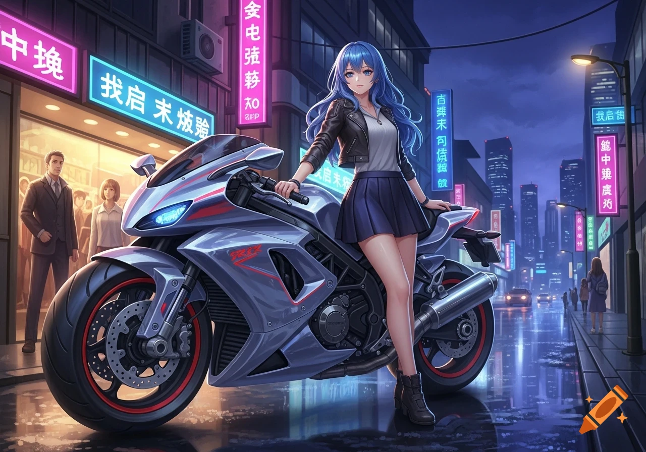 An anime woman with blue hair stands next to a silver motorbike on a ...