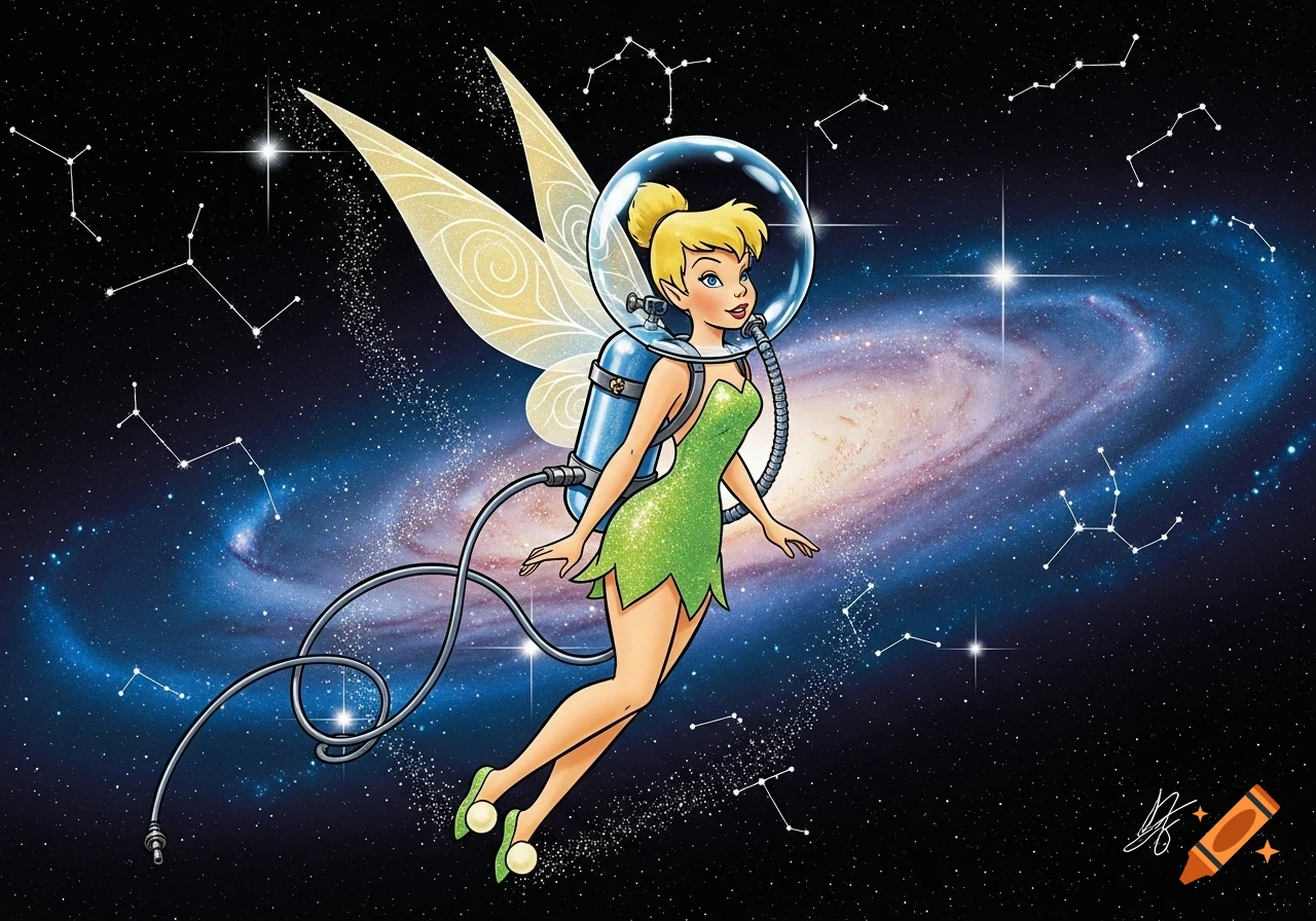 Cartoon Tinkerbell in a green dress, bubble helmet, and oxygen tank ...