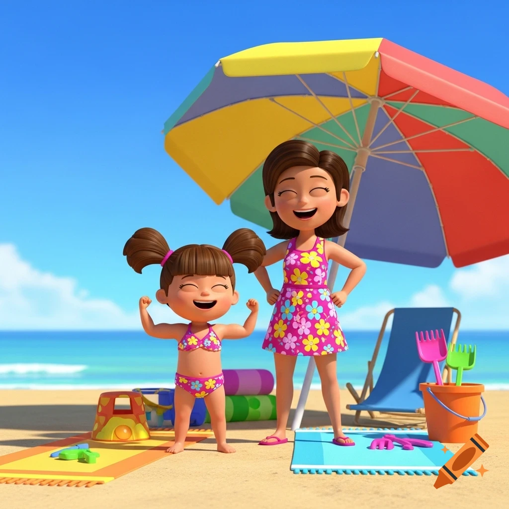 A smiling cartoon mother and daughter in swimsuits at the beach, with ...