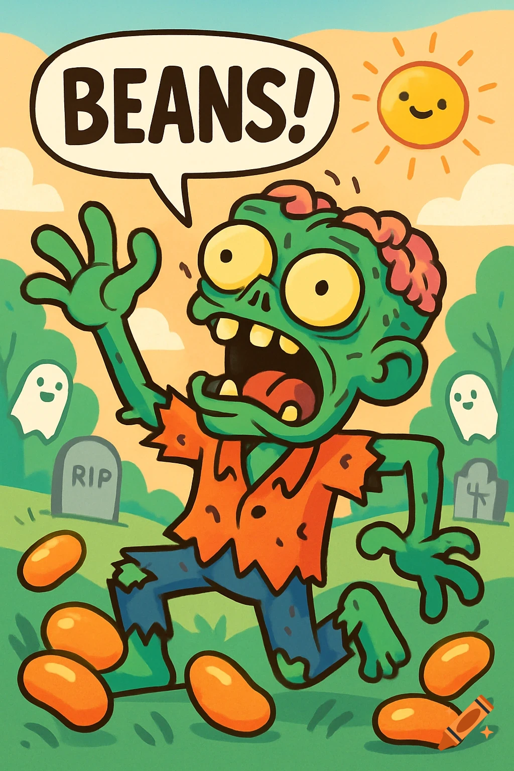 A green cartoon zombie with exposed brain runs through a sunny ...