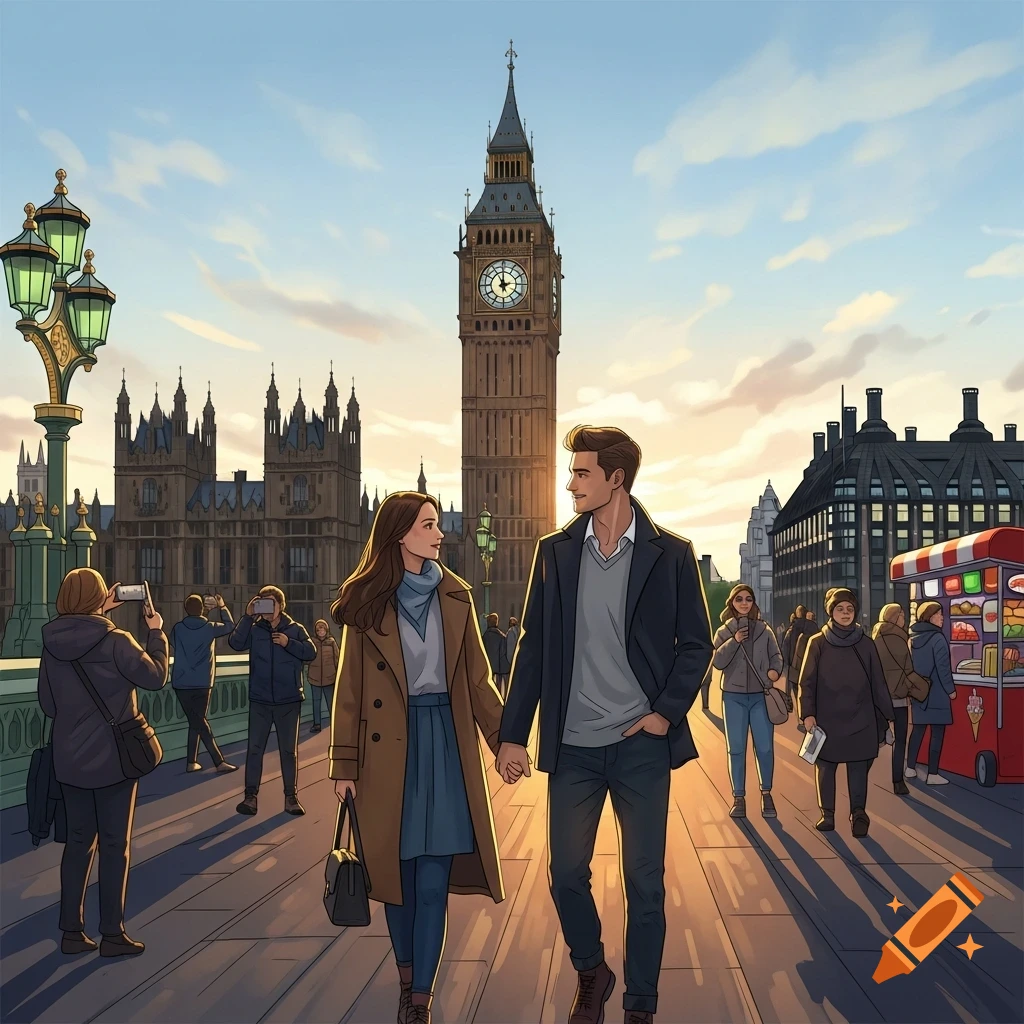 An illustrated couple holding hands walks in London with Big Ben and ...
