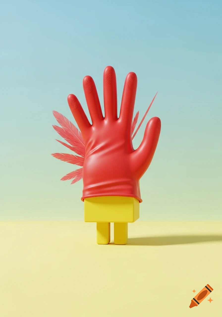 A red rubber glove with red feathers stands on a yellow block character ...