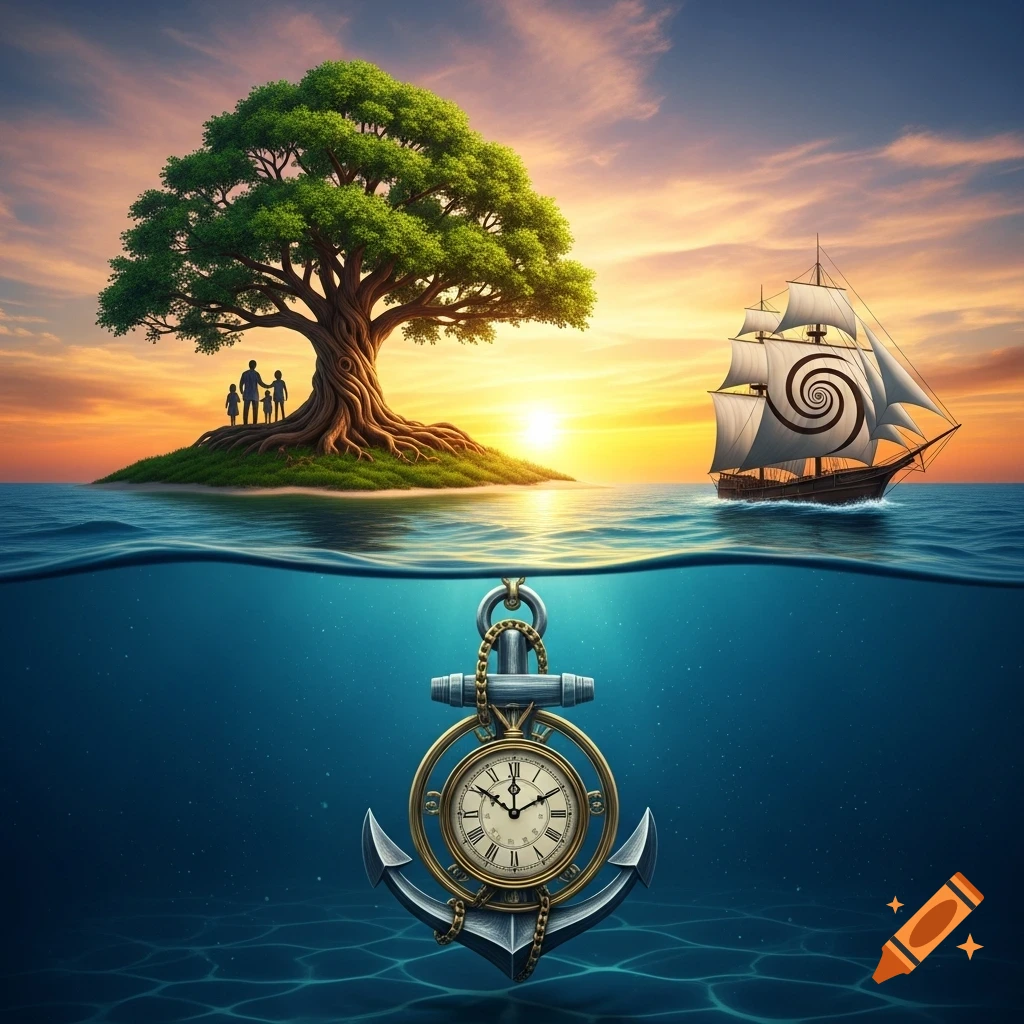 Split view of an ocean scene. Above water, an island with a family ...