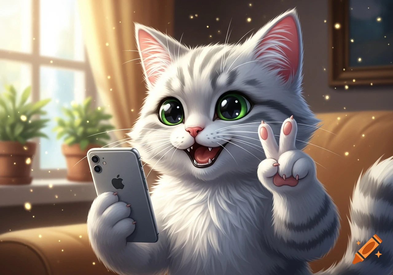 A fluffy white and gray cartoon cat holds a smartphone and makes a ...