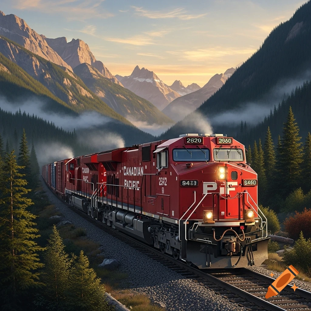 A red Canadian Pacific freight train travels through a mountain pass ...