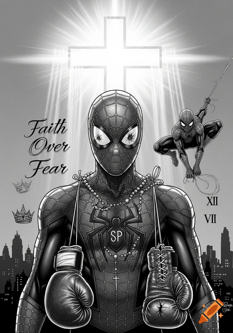 A black and white comic illustration of Spider-Man in a solemn pose ...