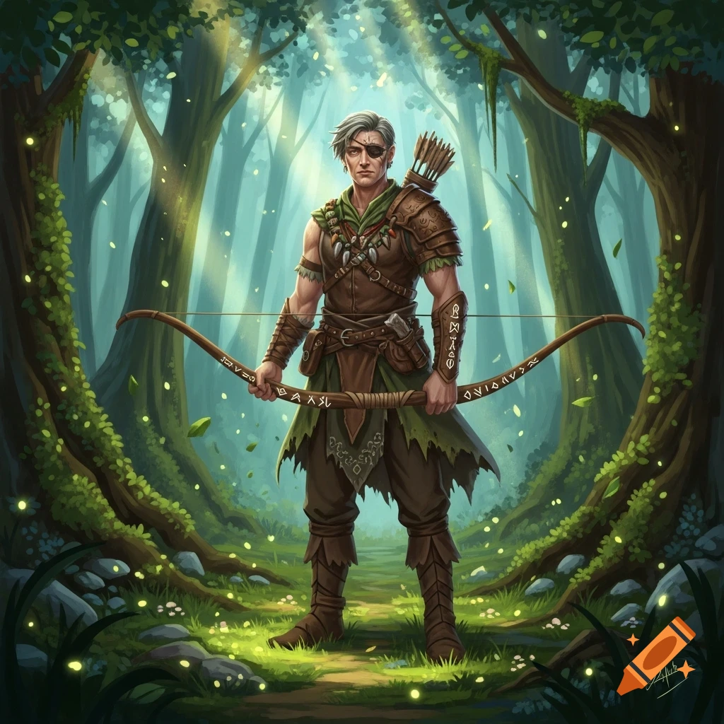 A one-eyed male druid with a longbow stands in a mystical forest bathed ...