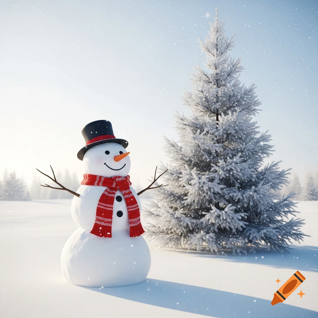 A smiling snowman wearing a black top hat and red striped scarf stands ...