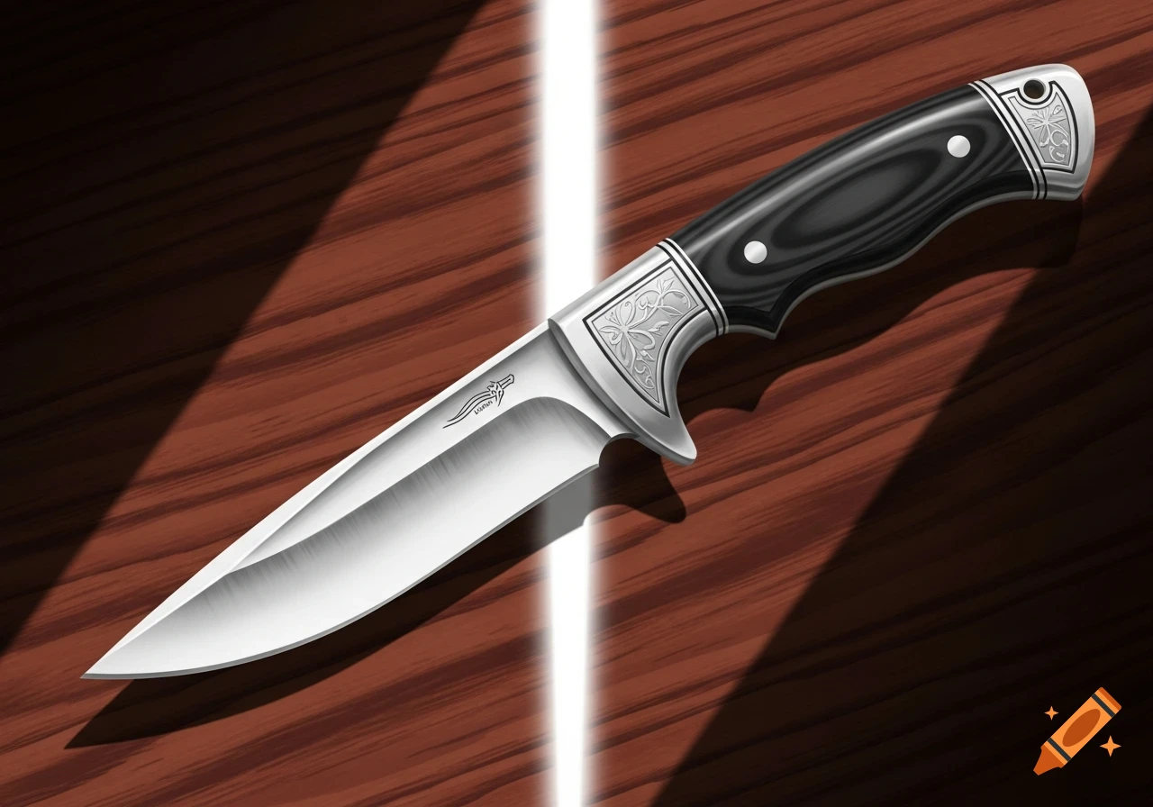 A detailed illustration of a silver knife with a black wooden handle ...