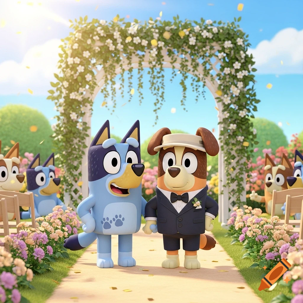 Bluey and a brown dog in a suit stand on a path at an outdoor wedding ...