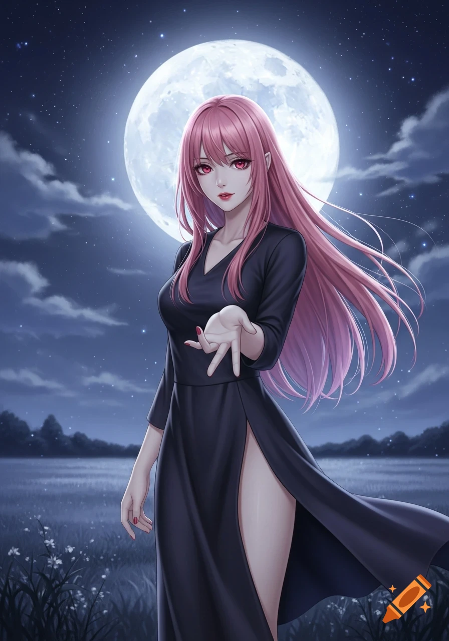 An anime woman with long pink hair and red eyes, pale skin, wearing a ...